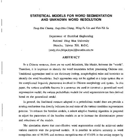 Statistical Models For Word Segmentation And Unknown Word Resolution Acl Anthology