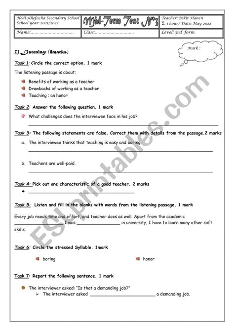 Mid Term Test 3 Esl Worksheet By Hanen Jaziri