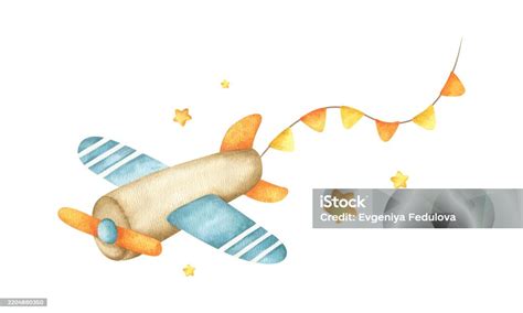 프로펠러가 달린 화려한 비행기 별들 사이를 날아다니는 화환 깃발 고립된 손으로 그린 수채화 비행기 그림입니다 아기 샤워와 생일 카드 포스터에 대 한 어린이 항공기의 어린이