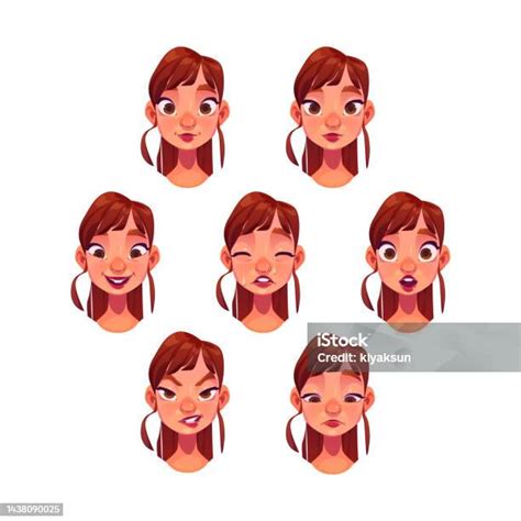 Wajah Wanita Muda Dengan Emosi Yang Berbeda Ilustrasi Stok Unduh