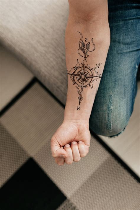 Compass Fake Tattoo World Map Tattoo Hand Drawn Fine Line Tattoos