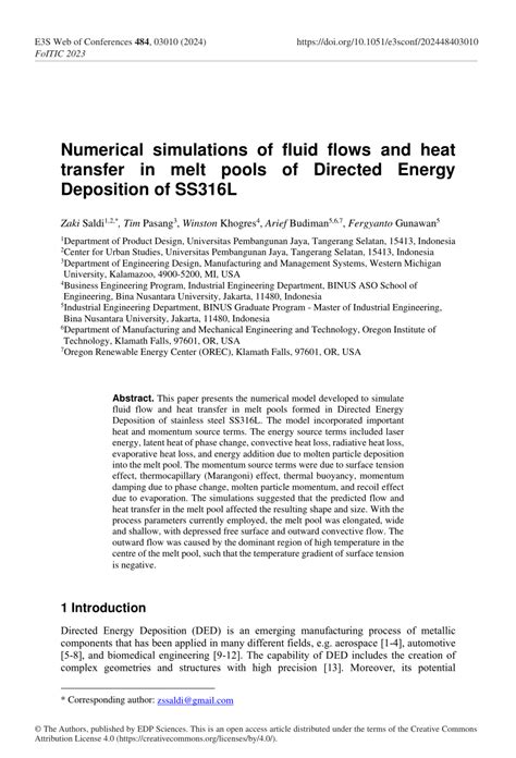 Pdf Numerical Simulations Of Fluid Flows And Heat Transfer In Melt Pools Of Directed Energy