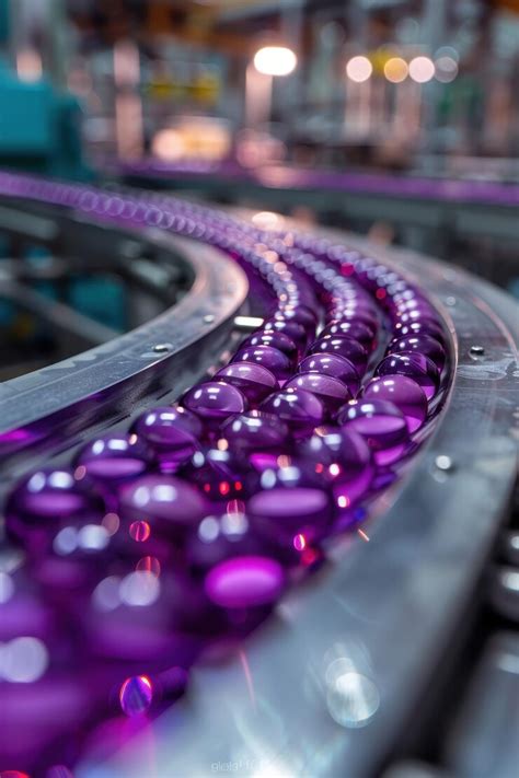 Automated Production Line With Purple Spheres On Conveyor Belt In