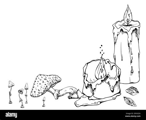 Hand Drawn Ink Vector Witch Altar Candles Poison Mushrooms Crystals