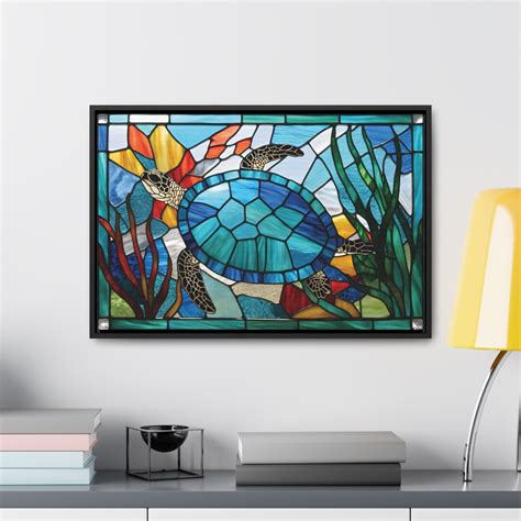Stained Glass Window Effect Wall Art Turtle Swimming In Ocean Canvas