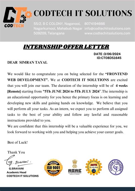 🌟 Exciting News 🌟 I Am Thrilled To Share That I Have Started My Internship As A Frontend Web