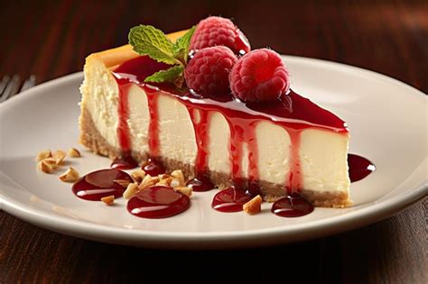 Premium Ai Image A Slice Of Cheesecake With Raspberries And Mint On A Plate