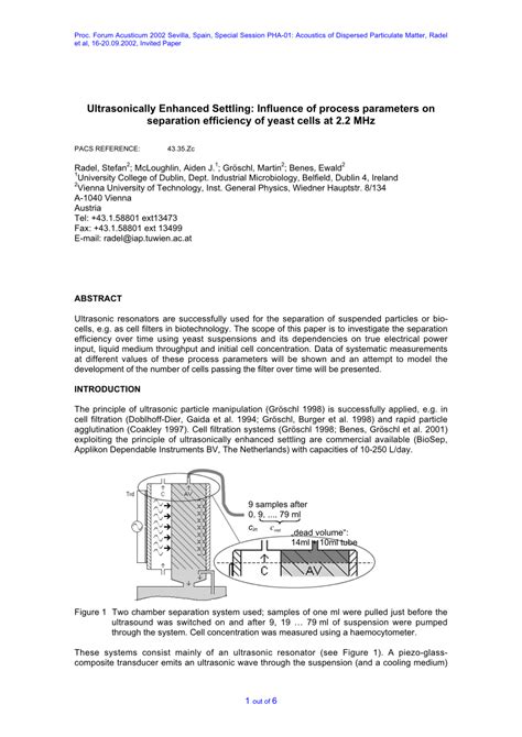 Pdf Ultrasonically Enhanced Settling Influence Of Process Parameters On Separation Efficiency