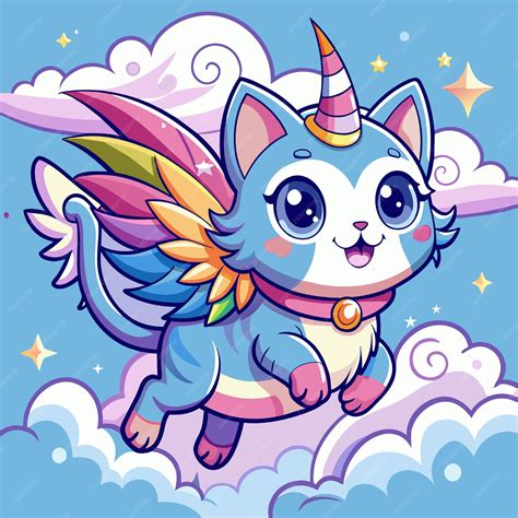 Милый кот-единорог летающий мультфильм векторная иллюстрация | Премиум ...