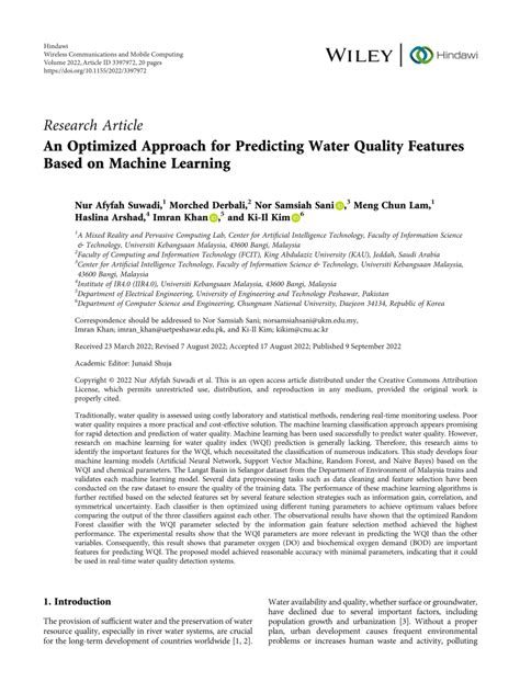 Pdf An Optimized Approach For Predicting Water Quality Features Based On Machine Learning