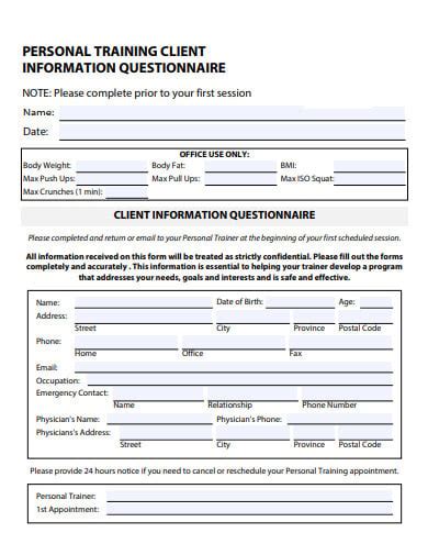 11 Personal Training Questionnaire Templates In Pdf Doc