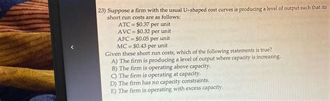 Solved Suppose A Firm With The Usual U Shaped Cost Curves Is
