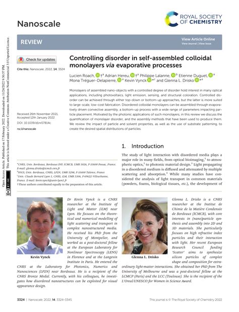 Pdf Controlling Disorder In Self Assembled Colloidal Monolayers Via Evaporative Processes