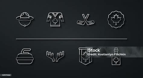 세트 라인 캐나다 레인저 모자 컬링용 돌 단풍잎 캐나다 페넌트 깃발 사슴 뿔 하키 저지 병 시럽 및 아이스 하키 스틱 아이콘 벡터 검은색에 대한 스톡 벡터 아트 및 기타