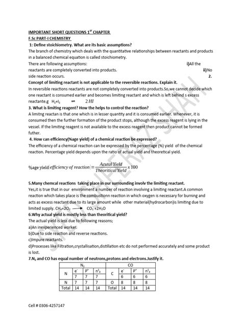 Important Short Questions 1st Chapter F Pdf Stoichiometry Molecules