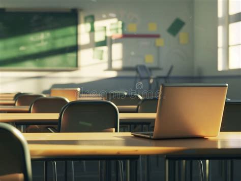 Laptop On Desk In Classroom By Generative Ai Stock Illustration