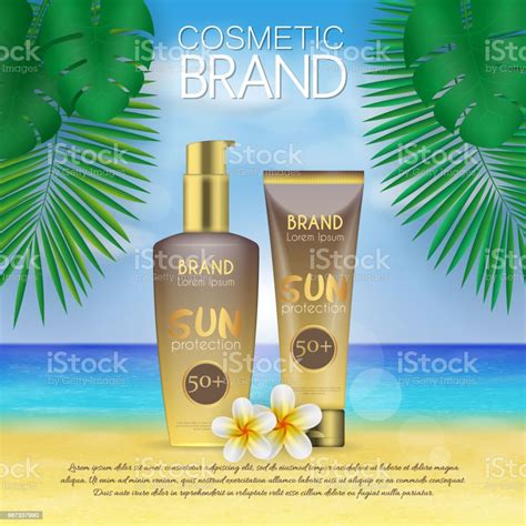 이국적인 야자수와 해변 배경에 여름 선크림 화장품 디자인 서식 파일 나뭇잎 3d 현실 태양 보호와 제품 광고입니다 3차원 형태에 대한 스톡 벡터 아트 및 기타 이미지