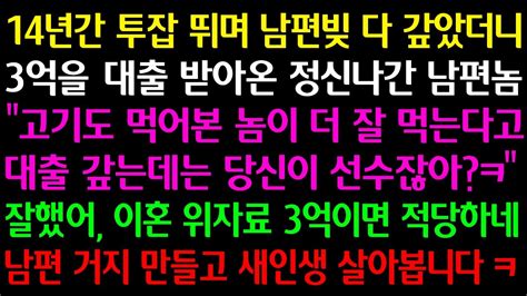 실화사연 14년간 투잡 뛰며 남편빚 다 갚았더니 3억을 대출 받아온 남편 당신 대출 갚는데는 선수잖아ㅋ” 이혼 위자료 3억이면 적당하네 남편 거지 만들고 새인생 살아
