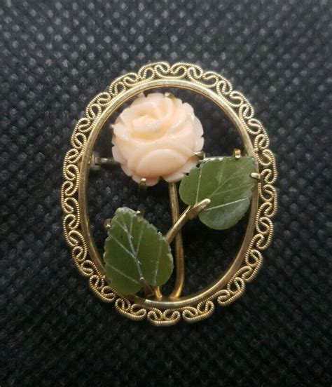 Vtg Krementz Gold Tone Brooch Pink Rose And Faux Jade L… Gem
