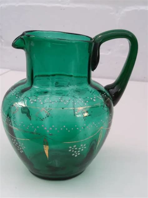 Victorian Green Glass Jugmoulded Bowlfluted Patterngold And White