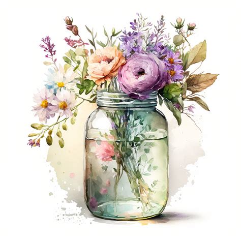 Flower Bouquet In Glass Jar Digital Print In Watercolor Style Etsy Flowers In Jars