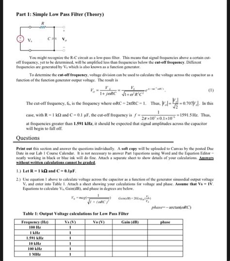 Solved Part 1 Simple Low Pass Filter Theory R You Might Chegg Com