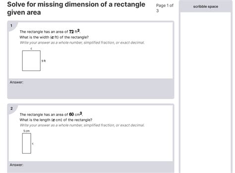Solve For Missing Dimension Of A Rectangle Given Area Worksheets [pdf