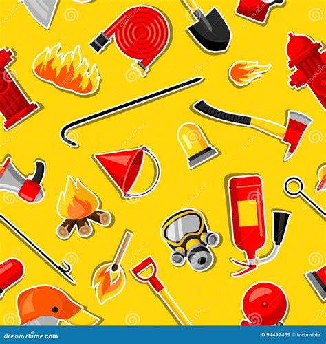 Seamless Pattern With Firefighting Stickers Fire Protection Equipment