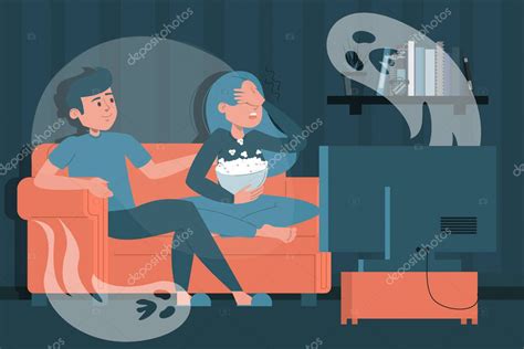 Pareja Viendo Pel Culas De Terror En Casa Mujer Asustada Con Los Ojos