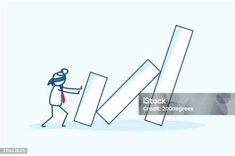 사업가 막대기 그림 캐릭터 눈가리개 실수로 막대 그래프 도미노 넘어지게합니다 비즈니스 위험 관리 위기 경제 붕괴 은유 손으로
