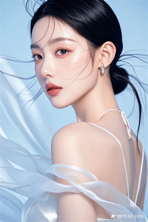 拍摄，美丽的全身模特，朦胧感，高级感，面部细节完美，人物细节精致，浅色飘逸的服装，半身肖像，大光圈，皮肤白，细腻的光泽水润，8k 花瓣网