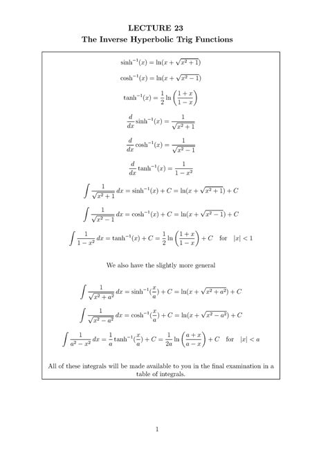 Lecture 23 The Inverse Hyperbolic Trig Functions Lecture 23 The