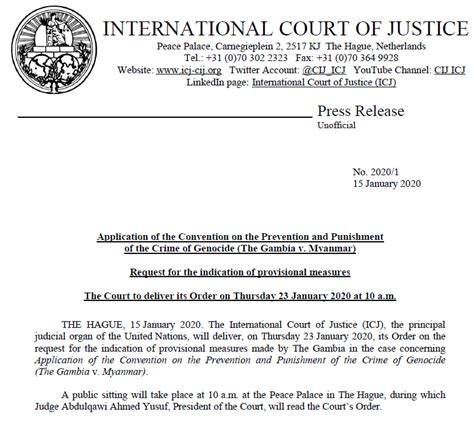 Icj မြန်မာအမှု တရားရုံးကြားဖြတ် ဆုံးဖြတ်ချက်အမိန့် Icj ဥက္ကဌ အဗ္ဗဒုလ်ကာဝီ ဖတ်ကြားမည်ဟုဆို