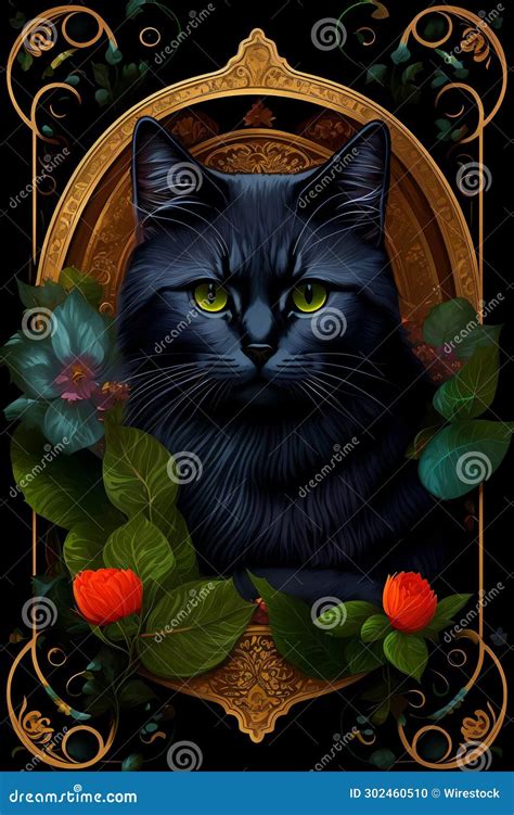 AI Generated Illustration Of A Black Cat With Glowing Eyes In A Frame