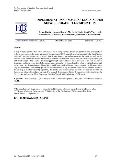 PDF IMPLEMENTATION OF MACHINE LEARNING FOR NETWORK TRAFFIC CLASSIFICATION