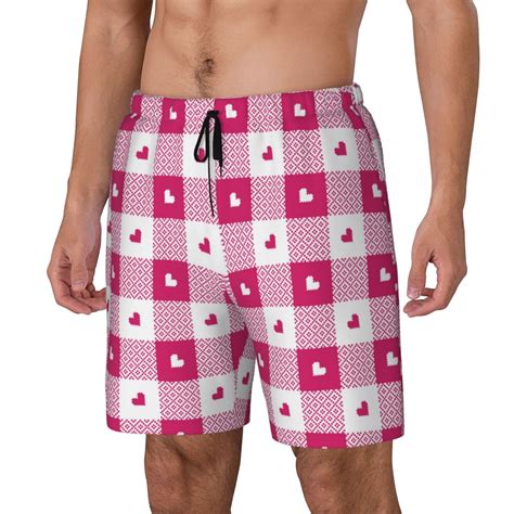 Cauagu Plaid Heart Print Mens Swim Trunks Quick Dry Board Shorts Swim