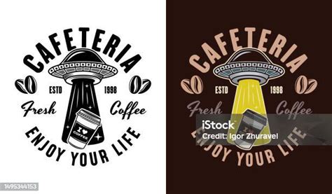 카페테리아 벡터 엠블럼 로고 배지 또는 라벨 Ufo 훔치는 커피 종이컵은 흰색과 다채로운 두 가지 스타일로 제공됩니다 커피 마실