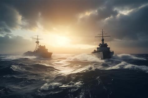 Dos Buques De Guerra En El Mar Foto Premium