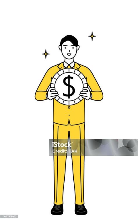양복을 입은 사업가의 간단한 선 그리기 그림 외환 이익과 달러 평가의 이미지 Shinnyushain에 대한 스톡 벡터 아트 및