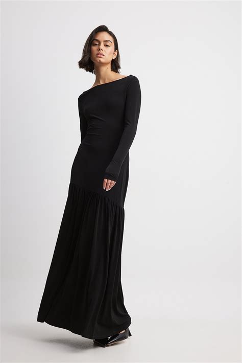 Jersey Long Sleeve Flounce Detail Maxi Dress Black Na Kd