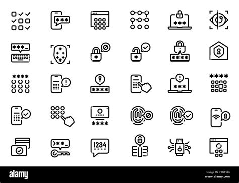 set of password and security line icons illustrating various user