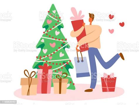 겨울 휴가를위한 선물을 준비하는 장식 된 크리스마스 트리 근처 선물 상자와 쇼핑 백 플랫 만화 남자 하트가있는 격리 된 벡터 그림입니다 가방에 대한 스톡 벡터 아트 및 기타