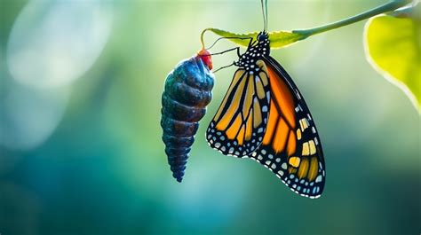 A Monarch Butterfly Emerges From Its Chrysalis Hanging From A Leaf