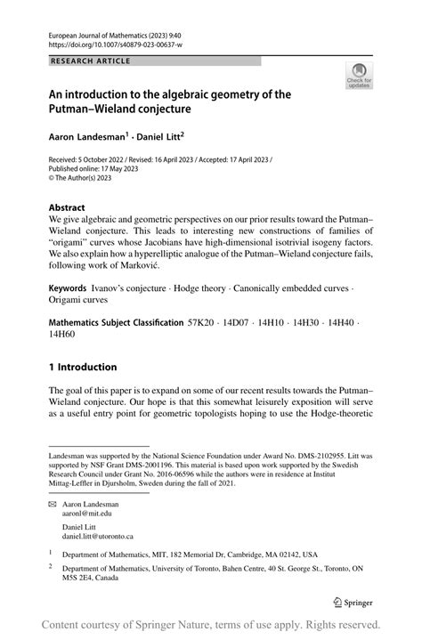 Pdf An Introduction To The Algebraic Geometry Of The Putmanwieland