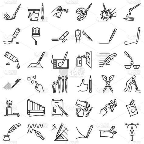 绘图工具，油画笔，铅笔，线条笔，圆珠笔，马克笔，计算机图形。一组简单的图标，矢量，轮廓，孤立。48