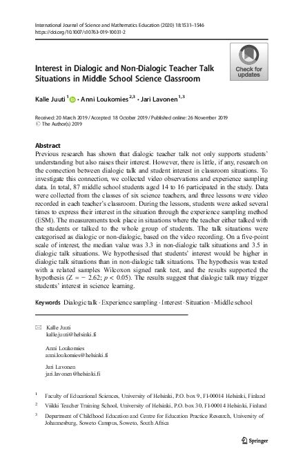 Pdf Interest In Dialogic And Non Dialogic Teacher Talk Situations In Middle School Science