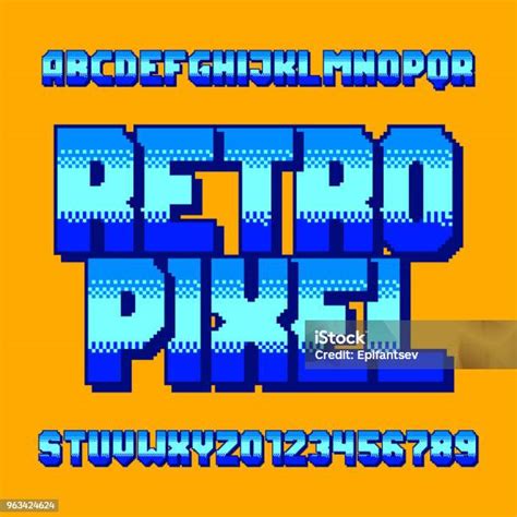 레트로 픽셀 알파벳 글꼴입니다 디지털 그라데이션 편지와 숫자 1980 1989 년에 대한 스톡 벡터 아트 및 기타 이미지