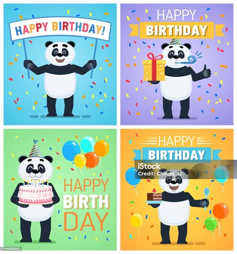 다른 생일 포스터의 집합입니다 생일 인사말 카드 현수막 기프트 박스 선물 케이크 파이 배너를 들고 있는 명랑 팬더 곰에 대한 스톡 벡터 아트 및 기타 이미지 Istock