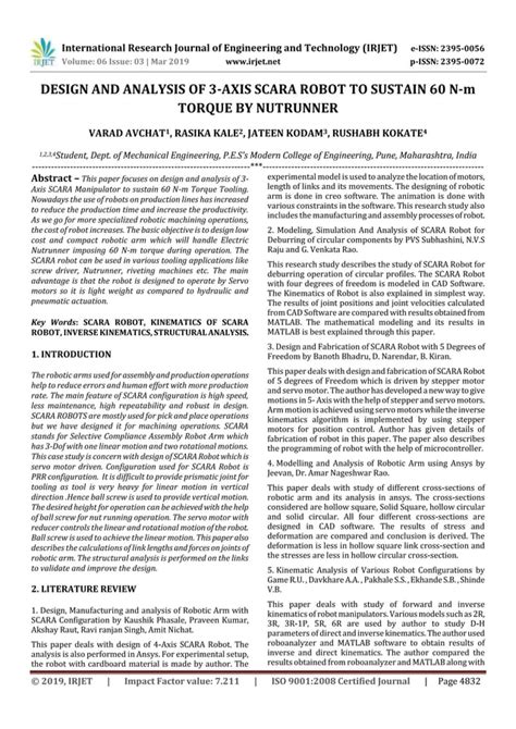 Irjet Design And Analysis Of 3 Axis Scara Robot To Sustain 60 N M