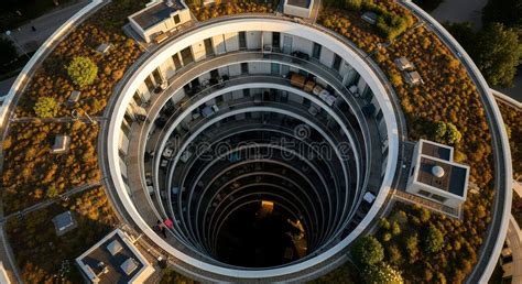 Aerial View Of Circular Apartment Building With Green Roof And Deep